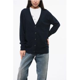 Maison Martin Margiela Einfarbige Strickjacke aus Wolle und Nylon mit V-Ausschnitt in Blau