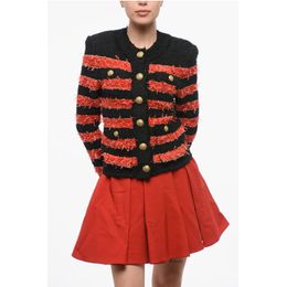 Balmain Zweifarbig gestreifter Cardigan mit Logokn&ouml;pfen in Nero, Rosso