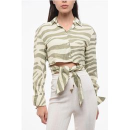 Balmain Kurzes Hemd mit Animal-Muster und Knotendetail in Beige, Verde