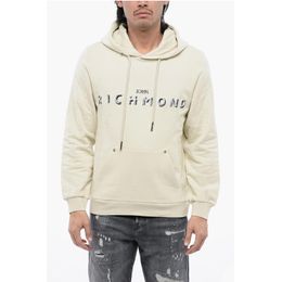 John Richmond Hoodie aus geb&uuml;rsteter Baumwolle mit gesticktem Logo in Beige