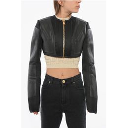 Balmain Kurze Jacke aus technischem Gewebe mit goldenem Rei&szlig;verschluss in Schwarz