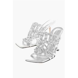 Bottega Veneta Sandalen aus gewebtem Lam&eacute;-Leder mit 10 cm hohem Spool-Absatz in Silber