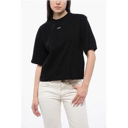 Off-White Kurzes T-Shirt mit Rundhalsausschnitt und Maxi-Stickerei auf dem R&uuml;cken in Schwarz
