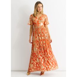 Orangefarbenes Metallic-Jacquard-Maxikleid mit Flatter&auml;rmeln