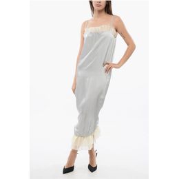 Off-White Satin UPSIDE DOWN Kleid mit Chiffonvolants in Grau