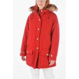 Woolrich Daunenjacke TUNDRA aus Schurwollmischung mit Echtfell-Detail in Rot