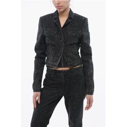 Off-White Cropped Fit BLING Jeansjacke mit Strass in Schwarz