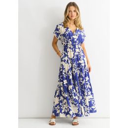 Blaues gebl&uuml;mtes Maxikleid mit elastischer Taille