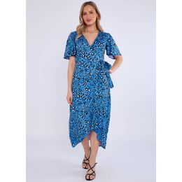 Blaues Viskose-Wickel-Midikleid mit Tiermuster