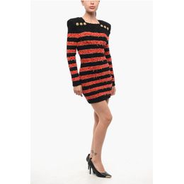 Balmain Zweifarbig gestreiftes Minikleid mit Zierkn&ouml;pfen in Nero, Rosso