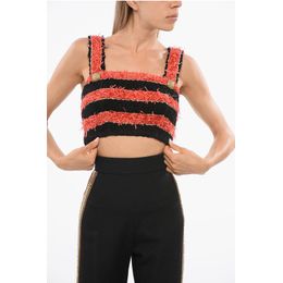 Balmain Zweifarbig gestreiftes Tweed-Crop-Top in Nero, Rosso