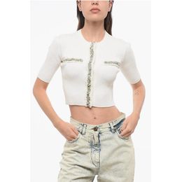 Balmain Kurz&auml;rmliger Crop-Cardigan mit Perlen- und Paillettenverzierung in Wei&szlig;