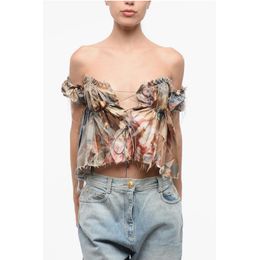 Balmain Schulterfreies Top aus bedruckter Seide in Mehrfarbig