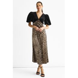 Schwarzes Midi-Kleid aus Tierfell-Samt mit Kontrast-Oberteil