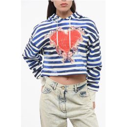 Balmain Zweifarbig gestreifter Cropped Hoodie mit Herz-Print in Bianco, Blu