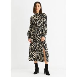 Schwarzes Tier-High-Neck-Satin-Midikleid