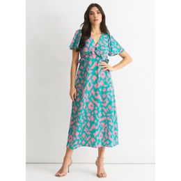 Gr&uuml;nes Midikleid mit Tiermotiv und gerafftem V