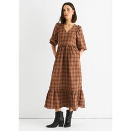 Braunes Baumwoll-Midi-Kleid mit Puff&auml;rmeln und V-Ausschnitt