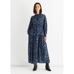 Blaues Tiermuster Raffung Hoher Hals Maxi Kleid