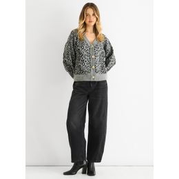 Grau Tiermuster Wolle-Mix Cardigan Look Pullover