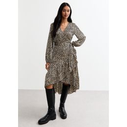 Beiges Mini-Wickelkleid mit R&uuml;schen und Tiermotiv