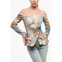 Balmain Gemusterter Off-Shoulder-Blazer aus Leinen in Mehrfarbig
