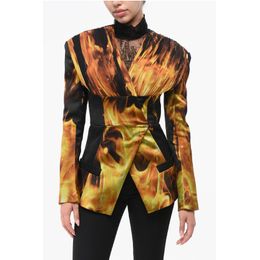 Balmain Bedruckter FIRE-Blazer ohne Kragen aus Satin in Orange