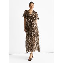 Braunes Chiffon-Tier-Lurex-Streifen-Wickel-Midikleid