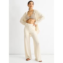 Beige Strukturierte Hose mit elastischem Bund und ausgestelltem Bein