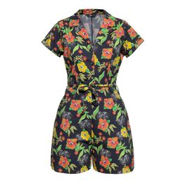 Queen Kerosin Damen Blusen Jumpsuit Hibiscus Black schwarz
