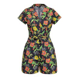 Queen Kerosin Damen Blusen Jumpsuit Hibiscus Black schwarz