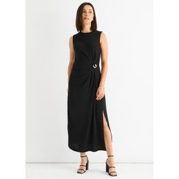 Schwarzes Midikleid mit geraffter Taille und Metallbesatz &auml;rmellos