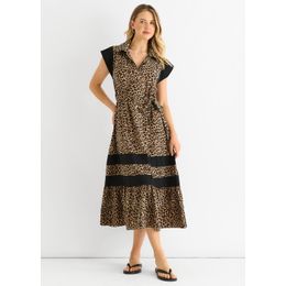 Braunes Tier-Kontrastpaneel-Smock-Midi-Kleid