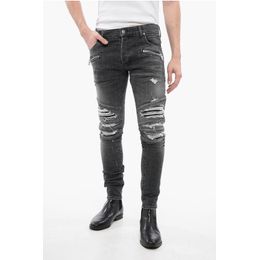 Balmain Distressed-Jeans mit mehreren Taschen und Biker-Eins&auml;tzen aus Leder 1 in Grau