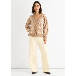 Kamel Tierdruck Wollmix Cardigan Look Pullover