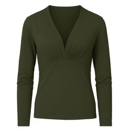 Damen-Oberteil aus Viskose-Elasthan-Jersey &ndash; Langarm, tiefer V-Ausschnitt &ndash; Dunkelkhaki
