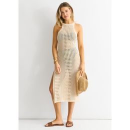 Beigefarbenes Bodycon-Kleid mit H&auml;kelstrick und Schlitz