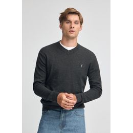 Pullover dunkelgrau meliert aus Wollgemisch mit V-Ausschnitt und gesticktem Rigby Go-Logo