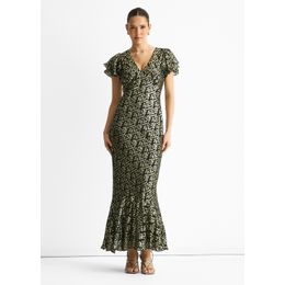 Dunkelgr&uuml;nes Viskose-Clip-Gold-Jacquard-Maxikleid mit schr&auml;gem Schnitt