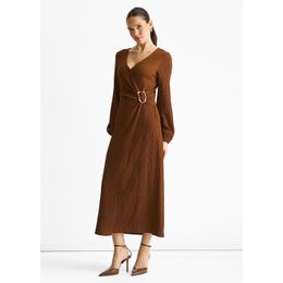 Braunes Jersey Textur Wickelkleid mit Metallbesatz Midikleid