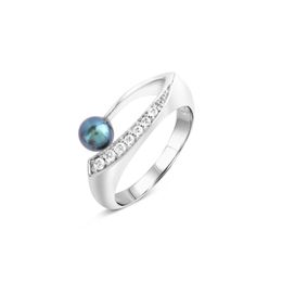 ZEEme Pearls Ring Silber 925 rhodiniert mit schwarzer Perle & Zirkonia wei&szlig;