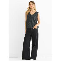 Grauer Strickpullover mit V-Ausschnitt und Paillettenbesatz