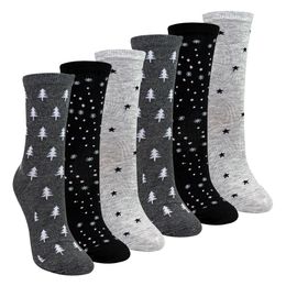 6 Paar Damen Socken mit Sterne- und Baum-Muster - Weiche Baumwollsocken f&uuml;r den Alltag
