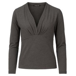 Heathered Anthrazit Jersey-Oberteil mit V-Ausschnitt f&uuml;r Damen &ndash; Lange &Auml;rmel, drapierte Vorderseite