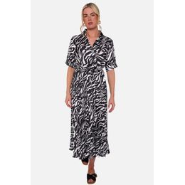 Schwarzes Zebra plissiertes Wickel-Midikleid mit G&uuml;rtel