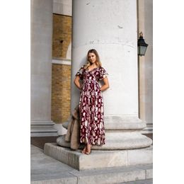 Burgunderfarbenes Metallic-Jacquard-Kleid mit gebl&uuml;mten Flatter&auml;rmeln