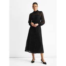 Schwarzes Midikleid aus Jersey mit hohem Halsausschnitt und Spitzeneinsatz