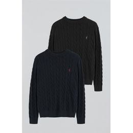 Zweierpack Herrenpullover marineblau und schwarz aus Wollgemisch mit Zopfmuster mit gesticktem Rigby Go-Logo