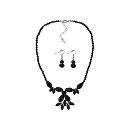 Steuer Modeschmuck Set Kette Ohrringe Messing geschw&auml;rzt Glasstein Schwarz