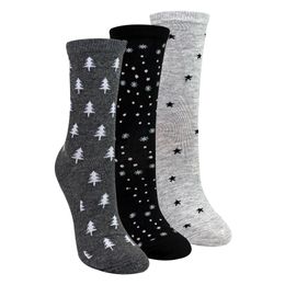 3 Paar Damen Socken mit Sterne- und Baum-Muster - Weiche, baumwollreiche Alltagssocken